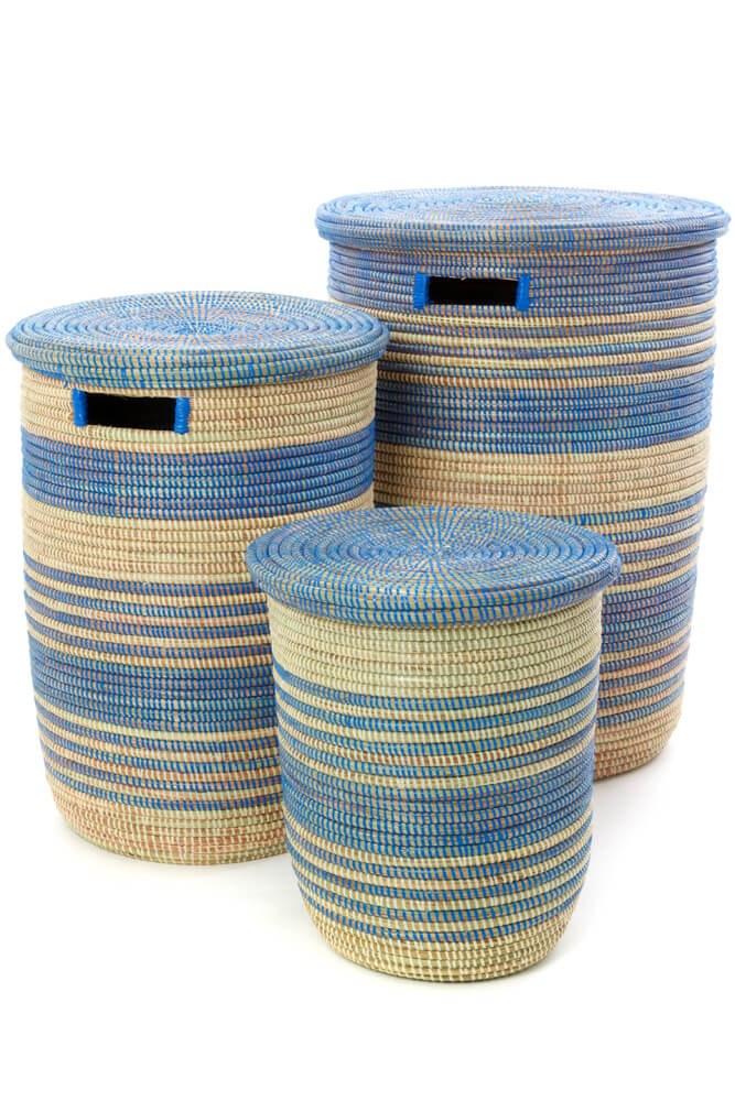 Set of Three Blue Ebb & Flow Striped Hampers | Jungle Pillows ...